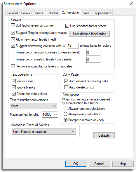 Spreadsheet Options - Conversions • Genstat v21
