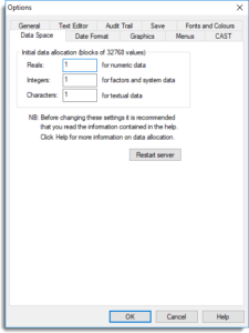 Options - Data Space • Genstat v21