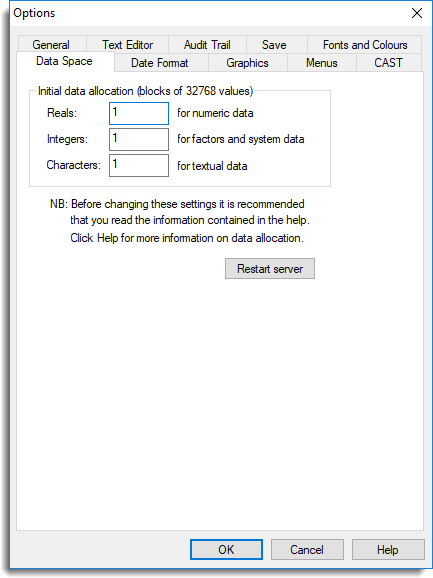 Options - Data Space • Genstat v21