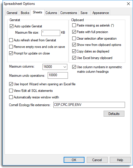 Spreadsheet Options - Sheets • Genstat v21