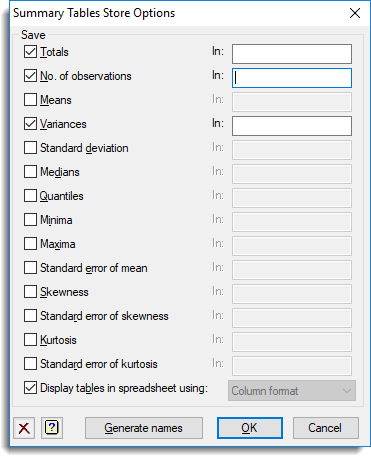 Summary Tables Store Options • Genstat v21