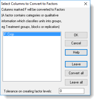 Converting Imported or Pasted Columns to Factors • Genstat v21